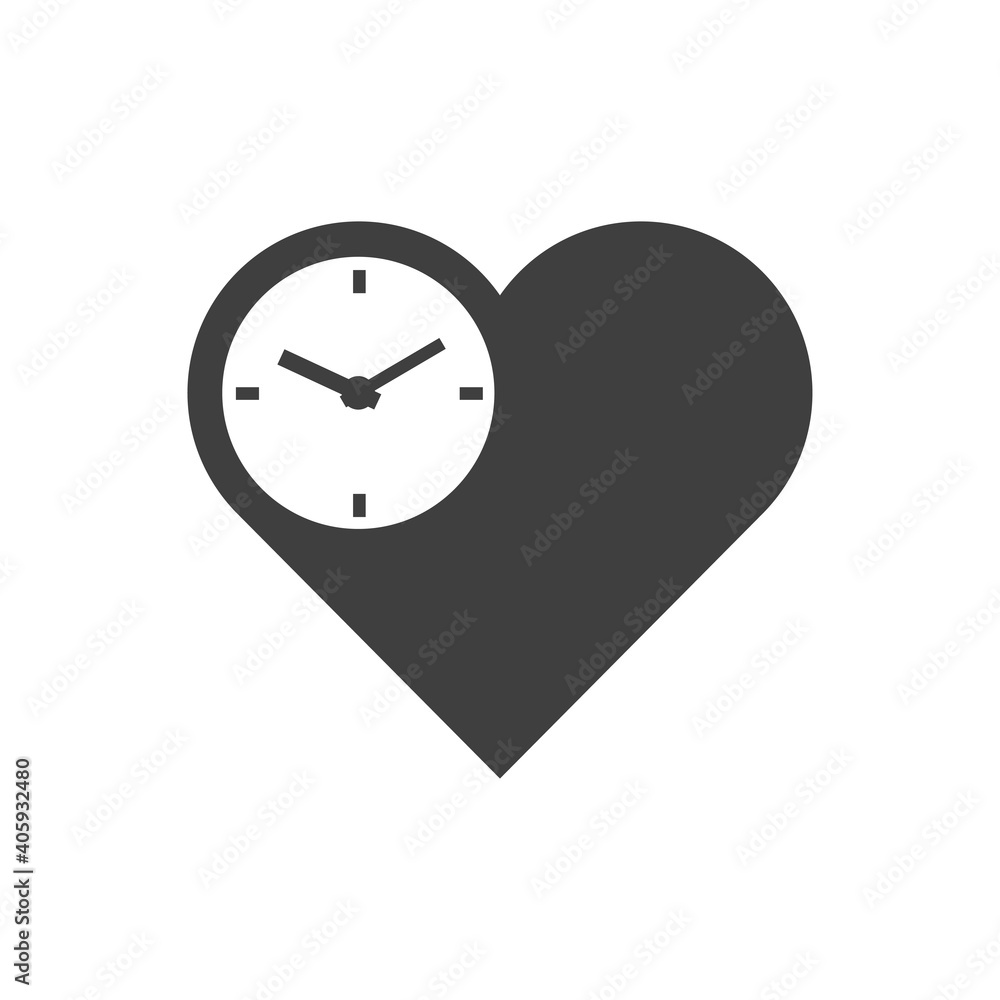 Tiempo de amor. Logotipo silueta de corazón con reloj pequeño en color ...