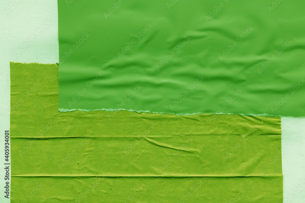 Green torn paper collage close-up. Texture made from various paper and ...