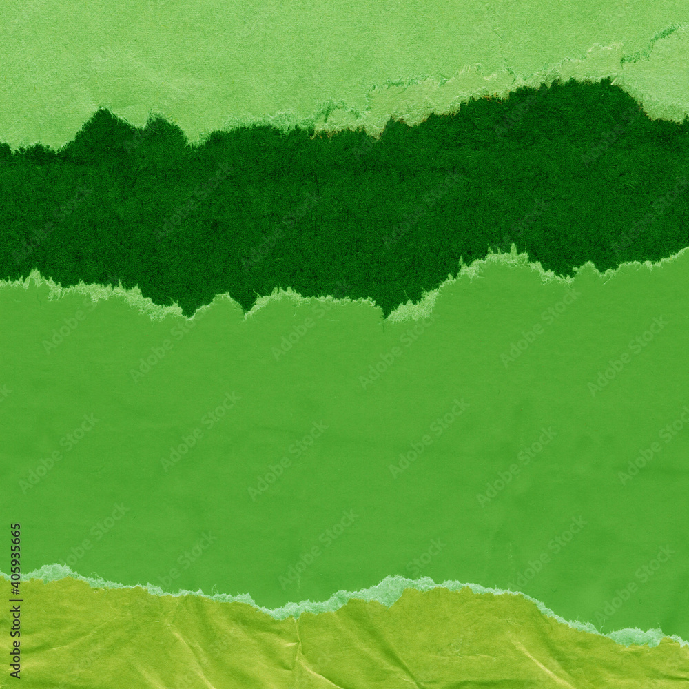 Green torn paper collage close-up. Texture made from various paper and ...