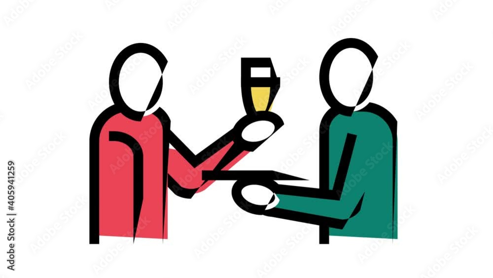 waiter offering drinks animated color icon. waiter offering drinks sign ...