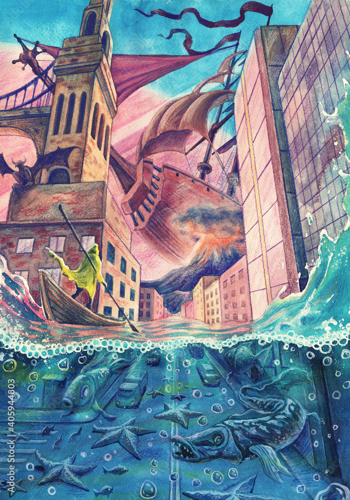 Fantasy watercolor urban landscape painting with natural disaster ...