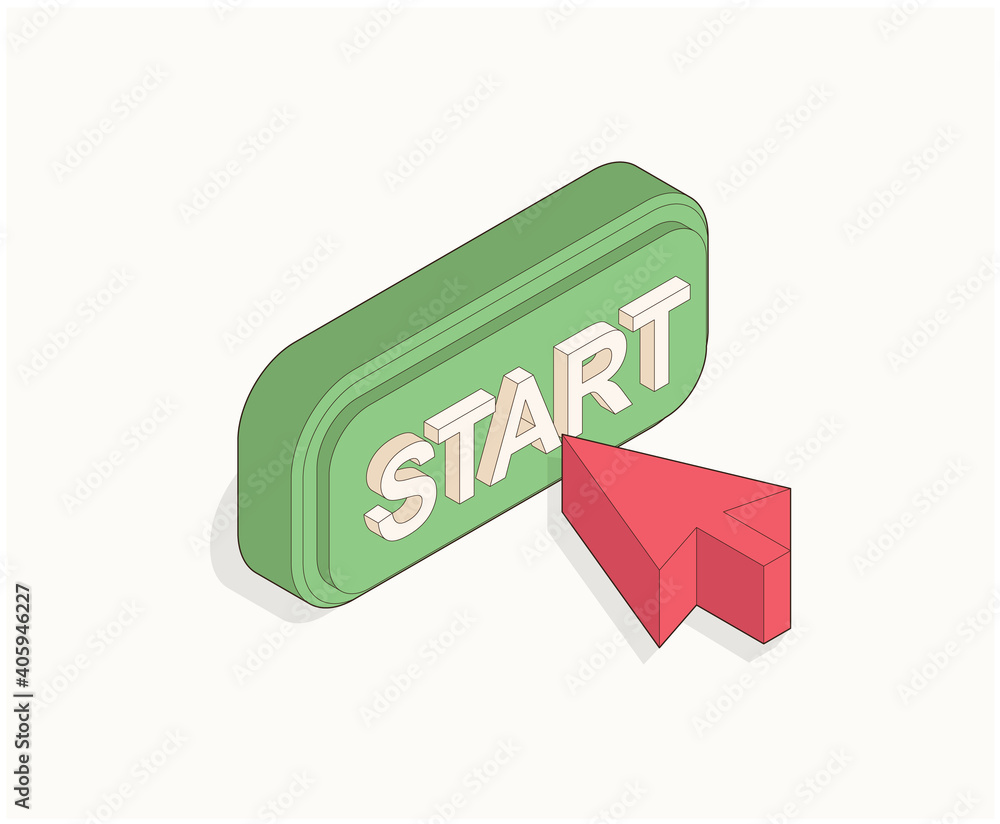 Colorful Isometric start buy button. Mouse pointer arrow clicked or ... Colorful Isometric start buy button. Mouse pointer arrow clicked or ...