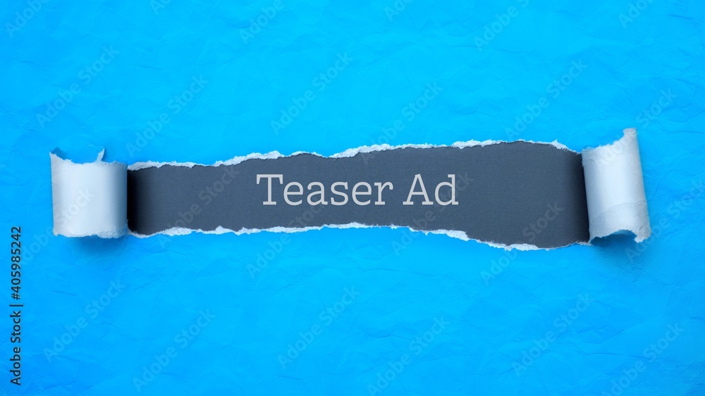 Teaser Ad. Blue torn paper banner with text label. Word in gray hole ...