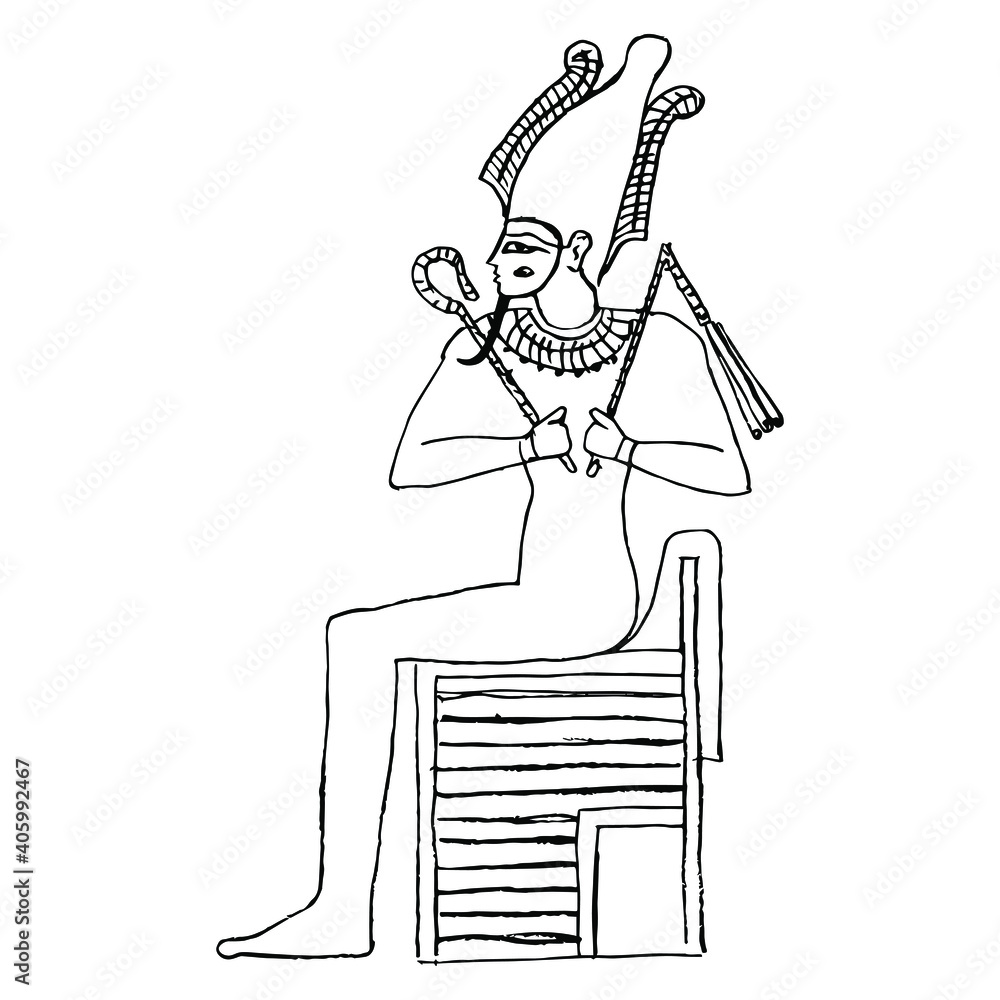 Ancient Egyptian god Osiris sitting on throne. Black and white linear ...