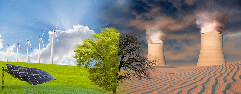 Clean and dirty energy concept - Renewable Wind Energy vs Chimneys of ...