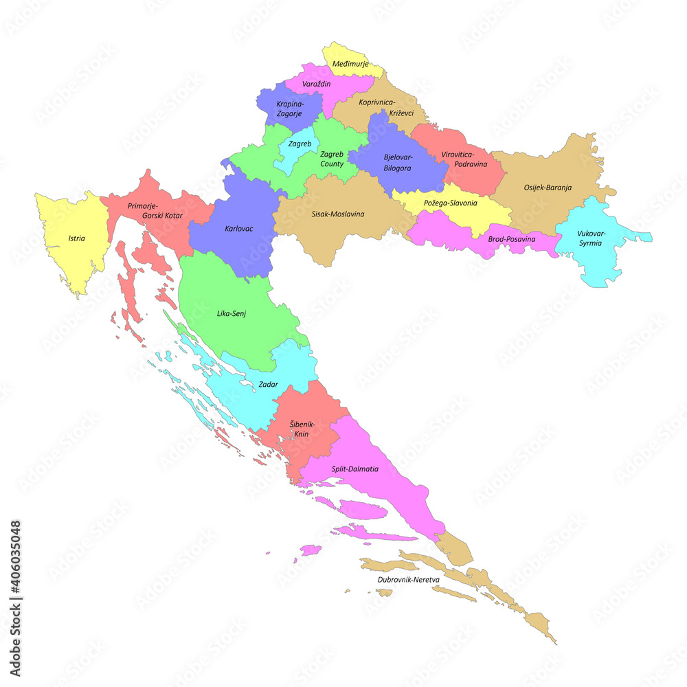 High quality labeled map of Croatia with borders of the regions Stock ...