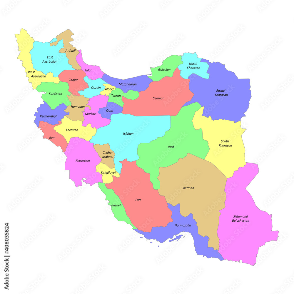 High quality labeled map of with Iran borders of the regions Stock ...