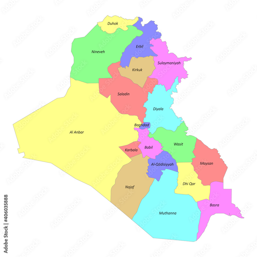 High quality labeled map of with Iraq borders of the regions Stock ...