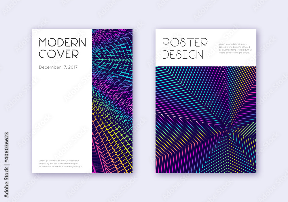 Minimal cover design template set. Rainbow abstract lines on dark blue ...