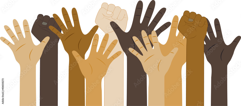 Flat vector illustration of people with different skin colors raising ...