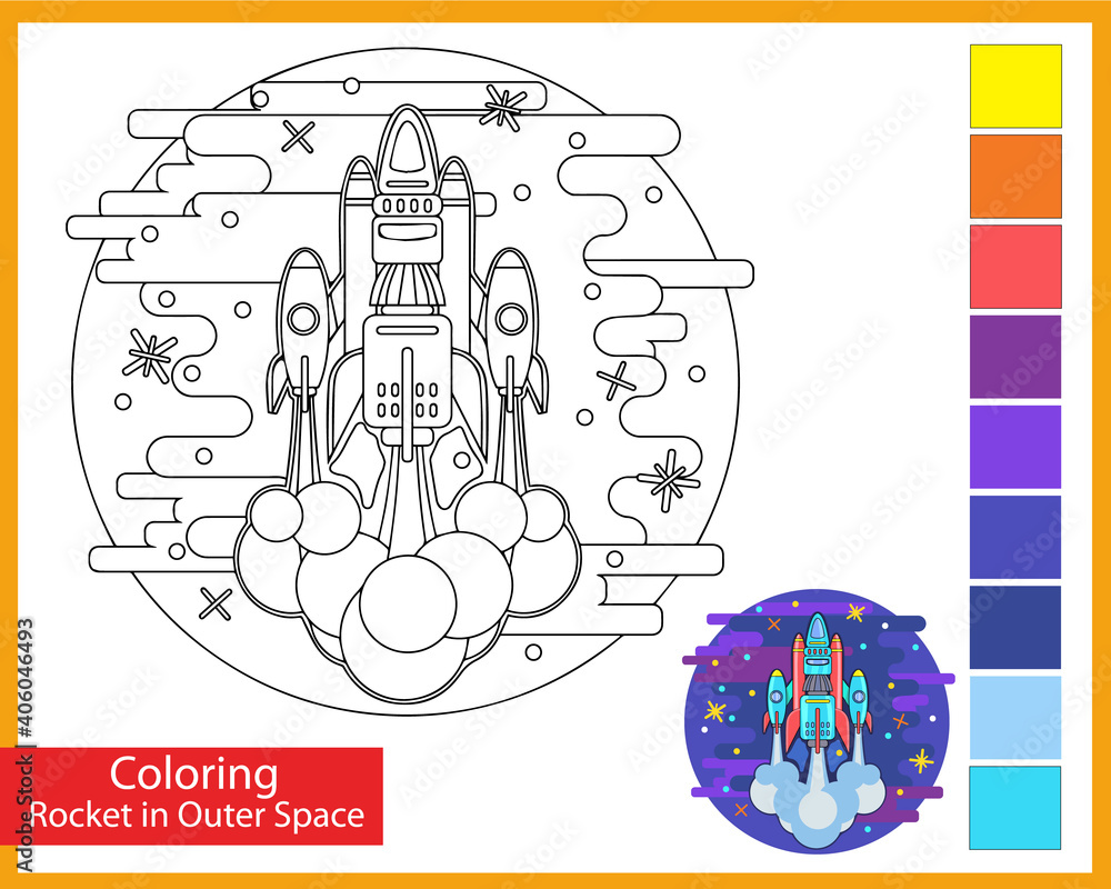 Coloring big rocket in outer space. Children's arts game. Cartoon ...