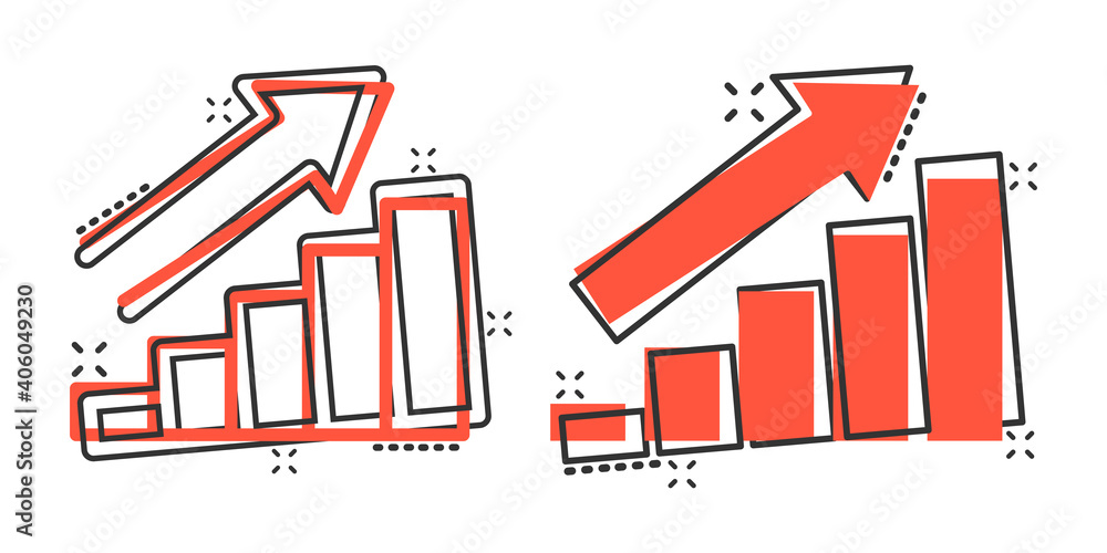 Growing bar graph icon in comic style. Increase arrow cartoon vector ...