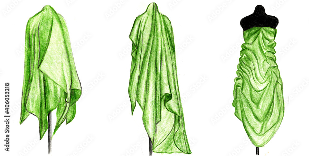 Color pencil set of green drapery on black dummy. Hand drawn fabric for ...