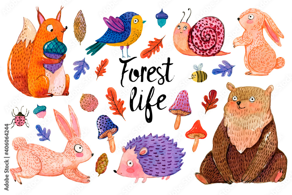 Watercolor set of forest animals and plants in a cartoon style. Hand ...