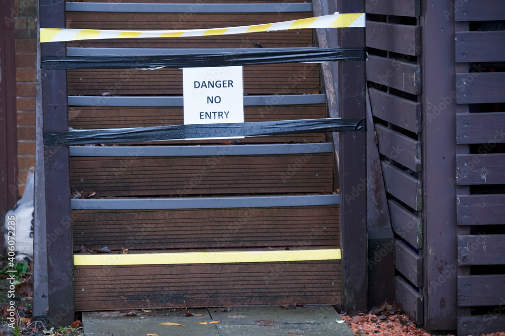 Construction site health and safety keep out sign on fence boundary ...