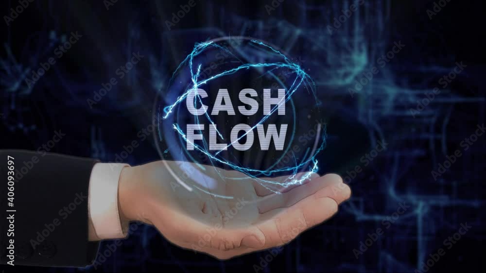 Painted hand shows concept text Cash Flow hologram on his hand. Drawn ...