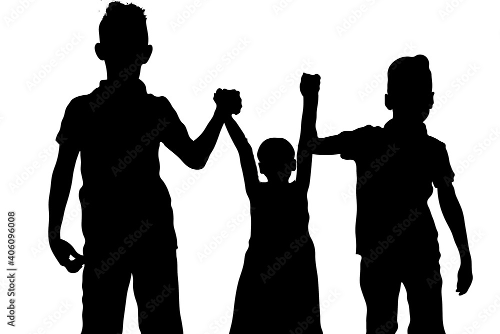 two boys and a girl are holding hands. black silhouettes of people ...