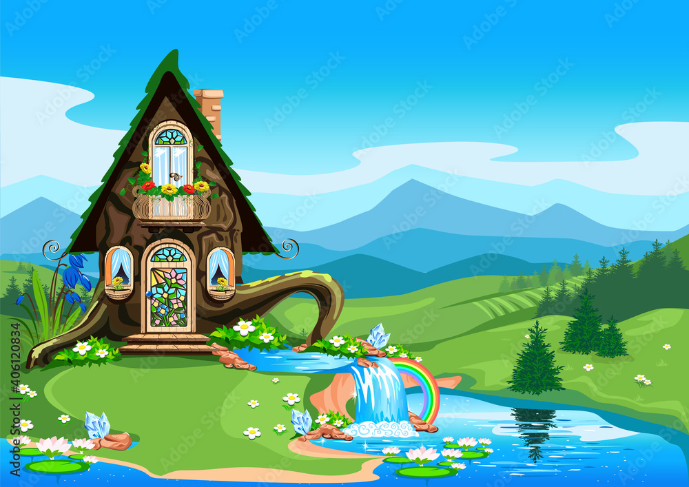 Cartoon forest elf house with a balcony and a magical waterfall weaving ...