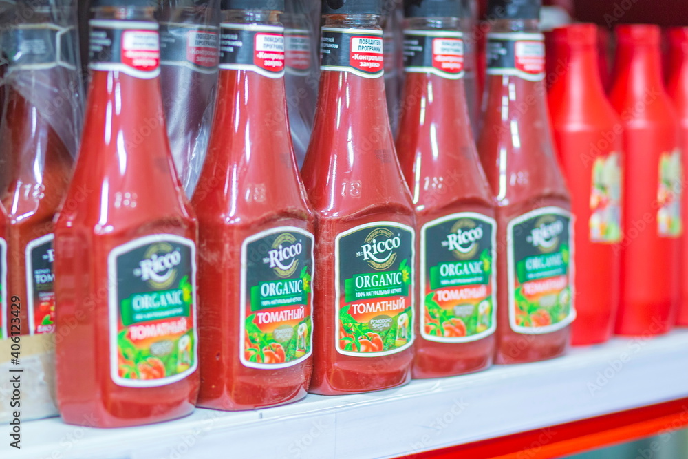 Russia Samara November 2019: Russian-made Ricco tomato ketchup on a ...