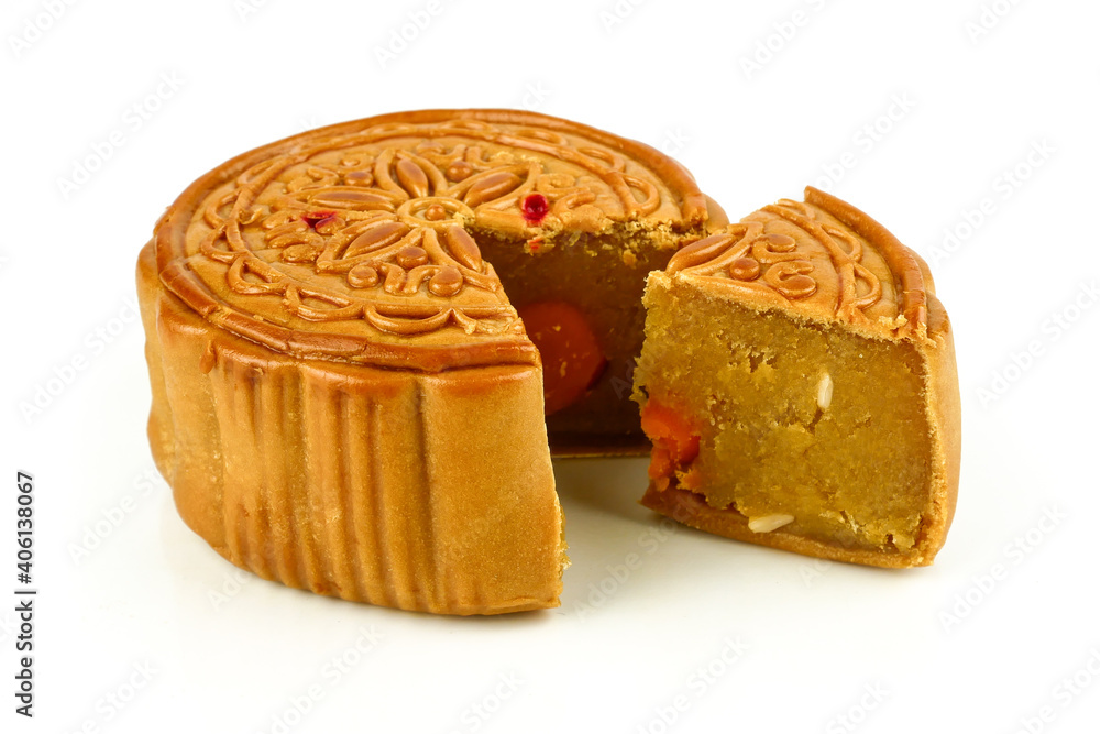 Mid-Autumn Festival moon cake or Chinese moon cake with one cut up to ...