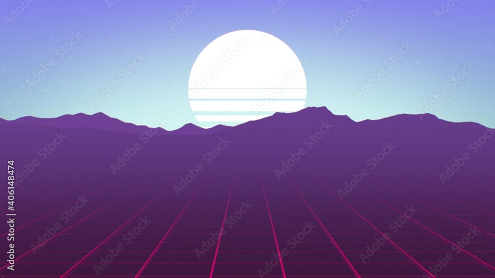 Retro wave style background. Camera moves along the valley. 3D Render ...