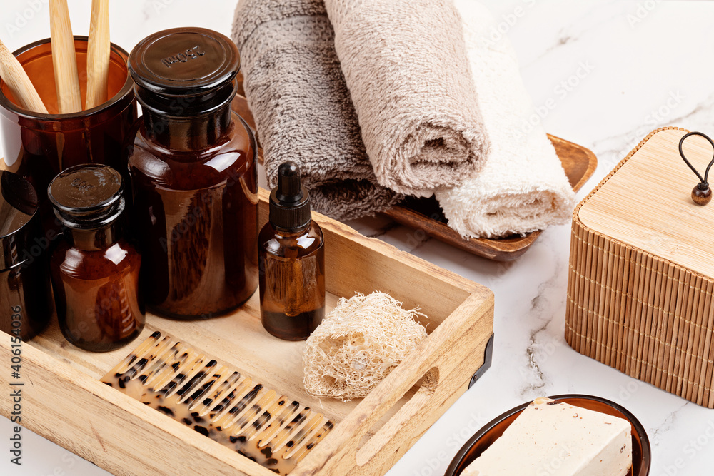 Bamboo and glass accessories for bath - jars, soap bar, brushes for ...