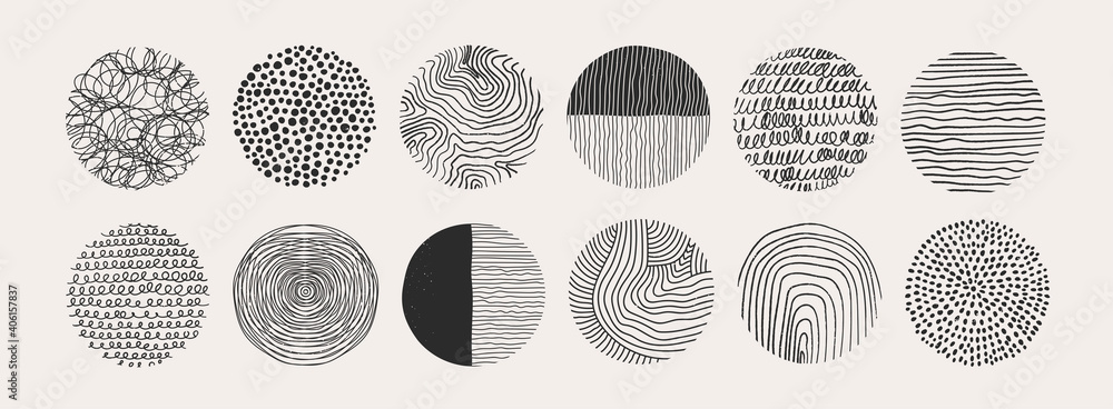 Big Set of round Abstract black Backgrounds or Patterns. Hand drawn ...