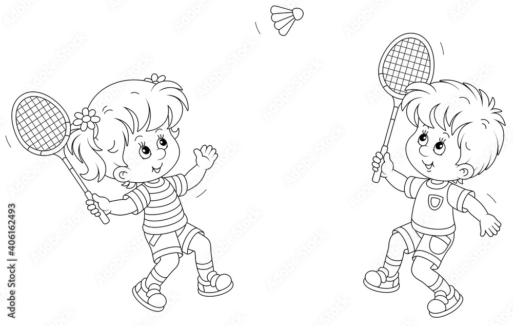 Plakat happy little kids playing badminton with rackets and a flying ...
