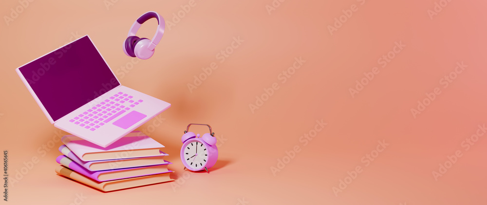 Digital Online Education. 3d of book, notebook learning on phone ...