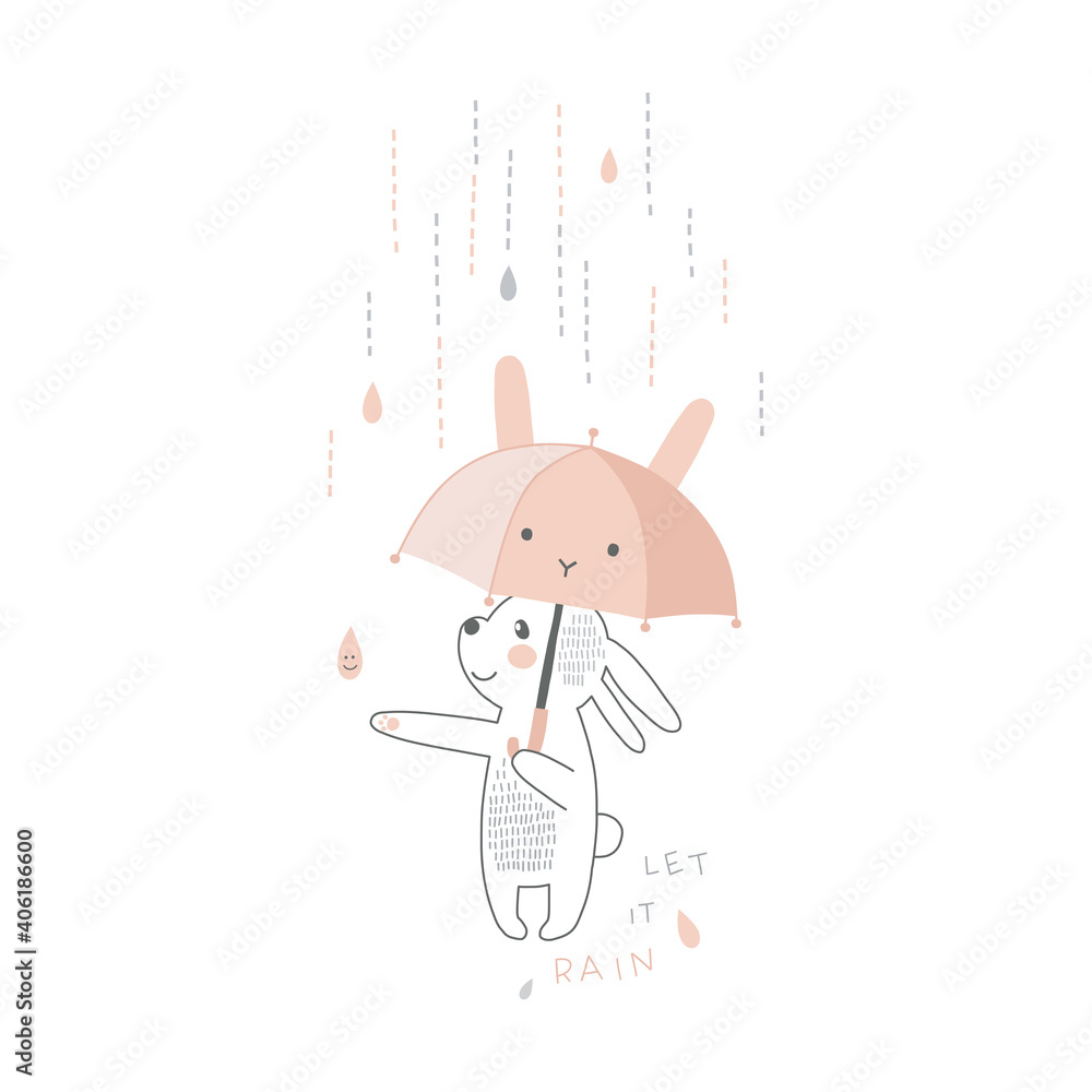 Cute white bunny animal with kawaii umbrella under the rain vector ...