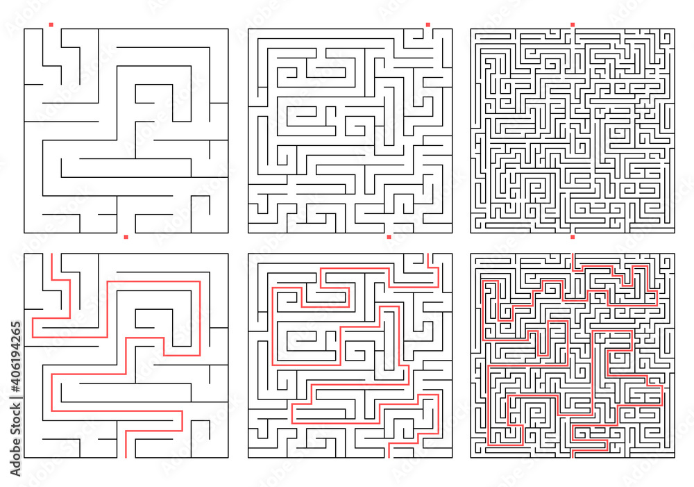 Maze. Education game labyrinth different level. Find right way. Set of ...
