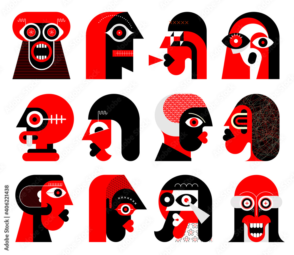 Red and black colors isolated on a white background Twelve Portraits of ...