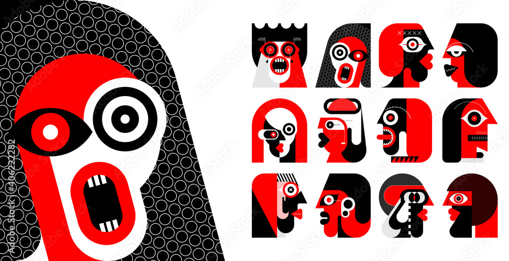 Red and black colors isolated on a white background Twelve Portraits of ...