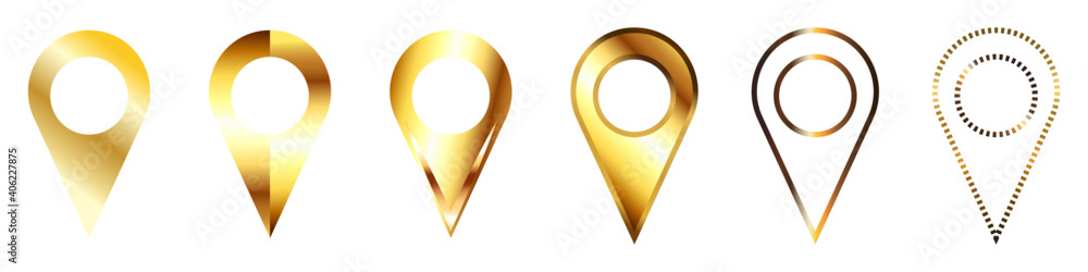 Vector set of location points icons. Map points icons set in gold ...
