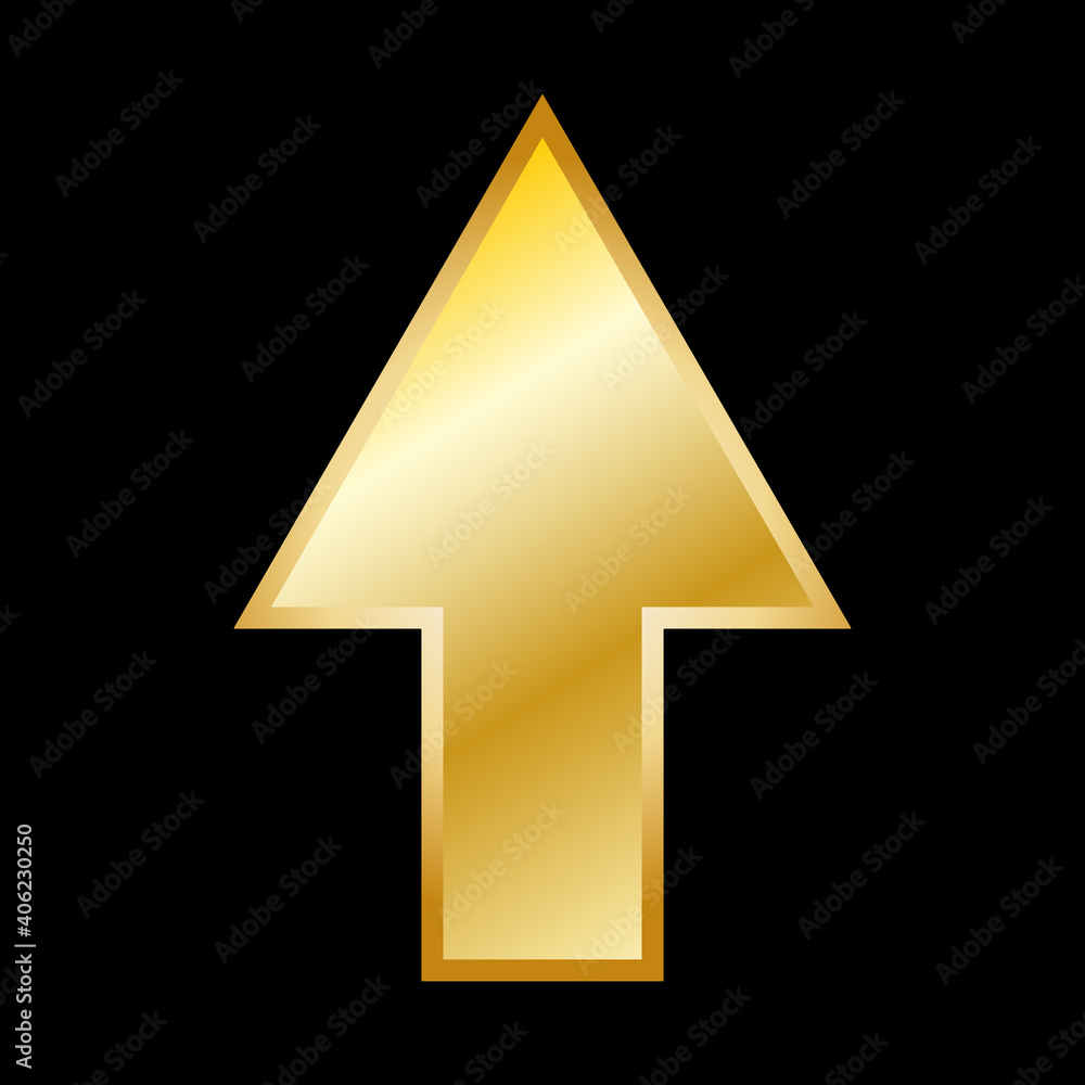 Gold arrow icon. Arrow design vector icon on black background in flat ...