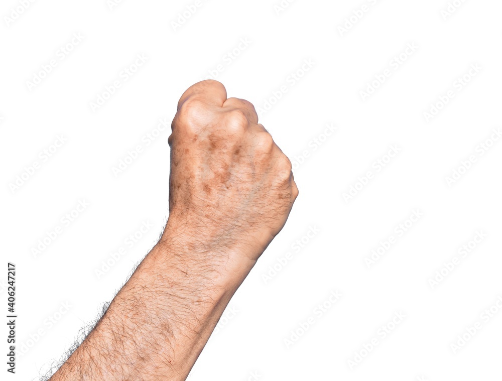 Hand of caucasian middle age man over isolated white background doing ...