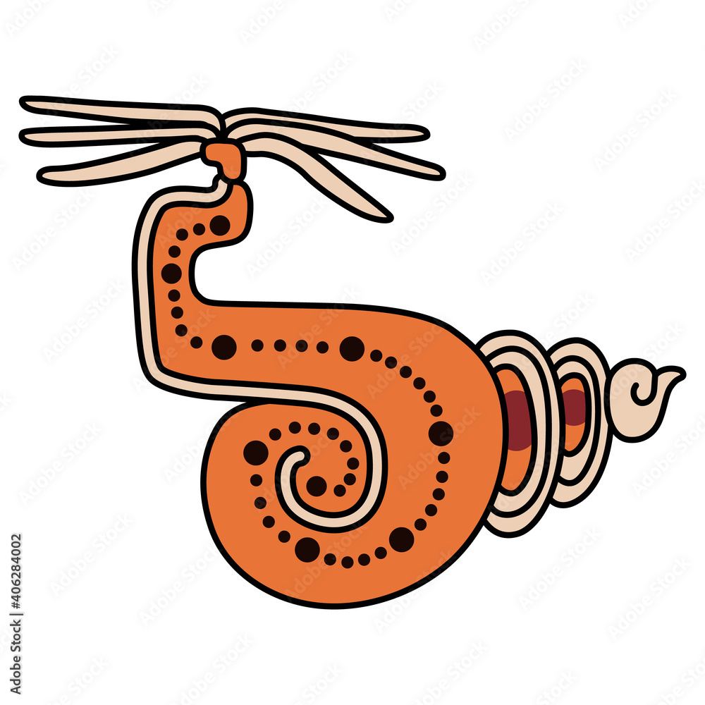 Stylized mollusk in spiral conch or shell. Based on ancient Mayan motif ...