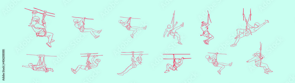 set of people in zip line cartoon icon design template with various ...