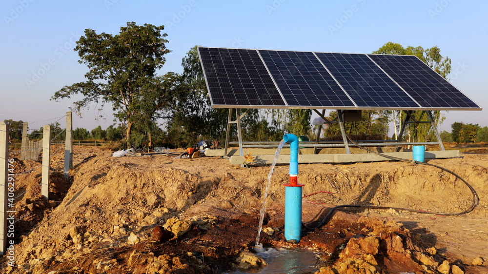 Pumping water with solar cells. The panels receive and convert solar ...