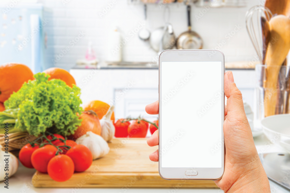 Food delivery / online ordering service. Concept / Woman holding a ...