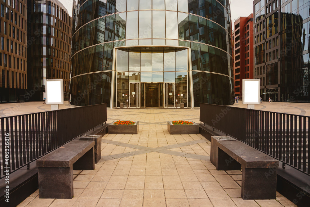 Entrance to modern office building of business city with automatic ...