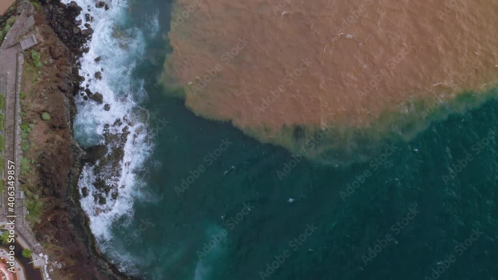 Panorama of the Ocean shore from a burst Sewer in the clear Sea. Waste ...