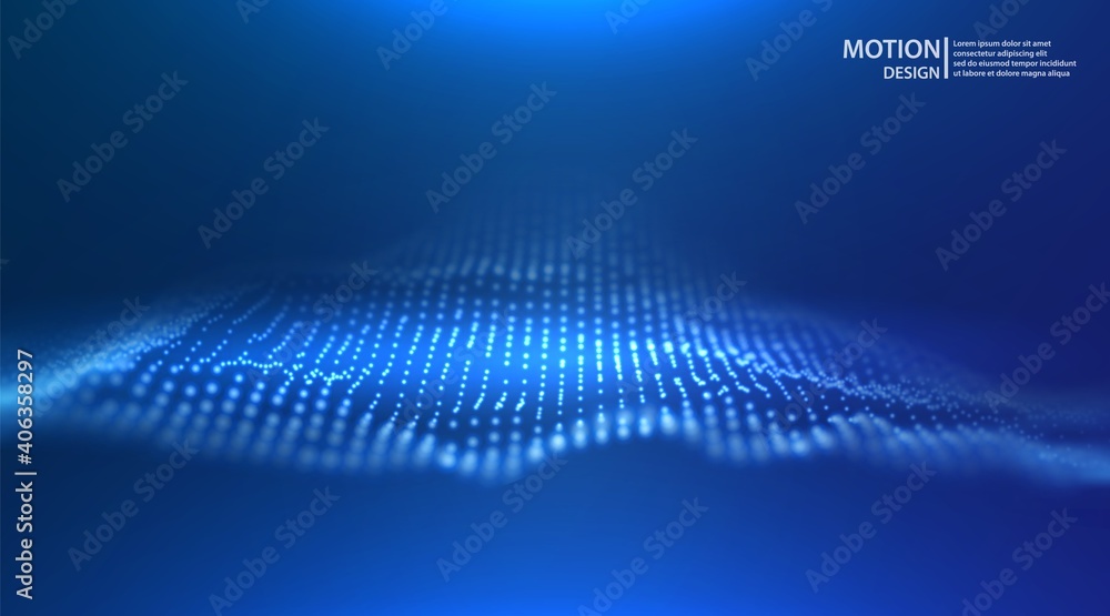 Wave of blue particles. Abstract technology flow background. Sound mesh ...