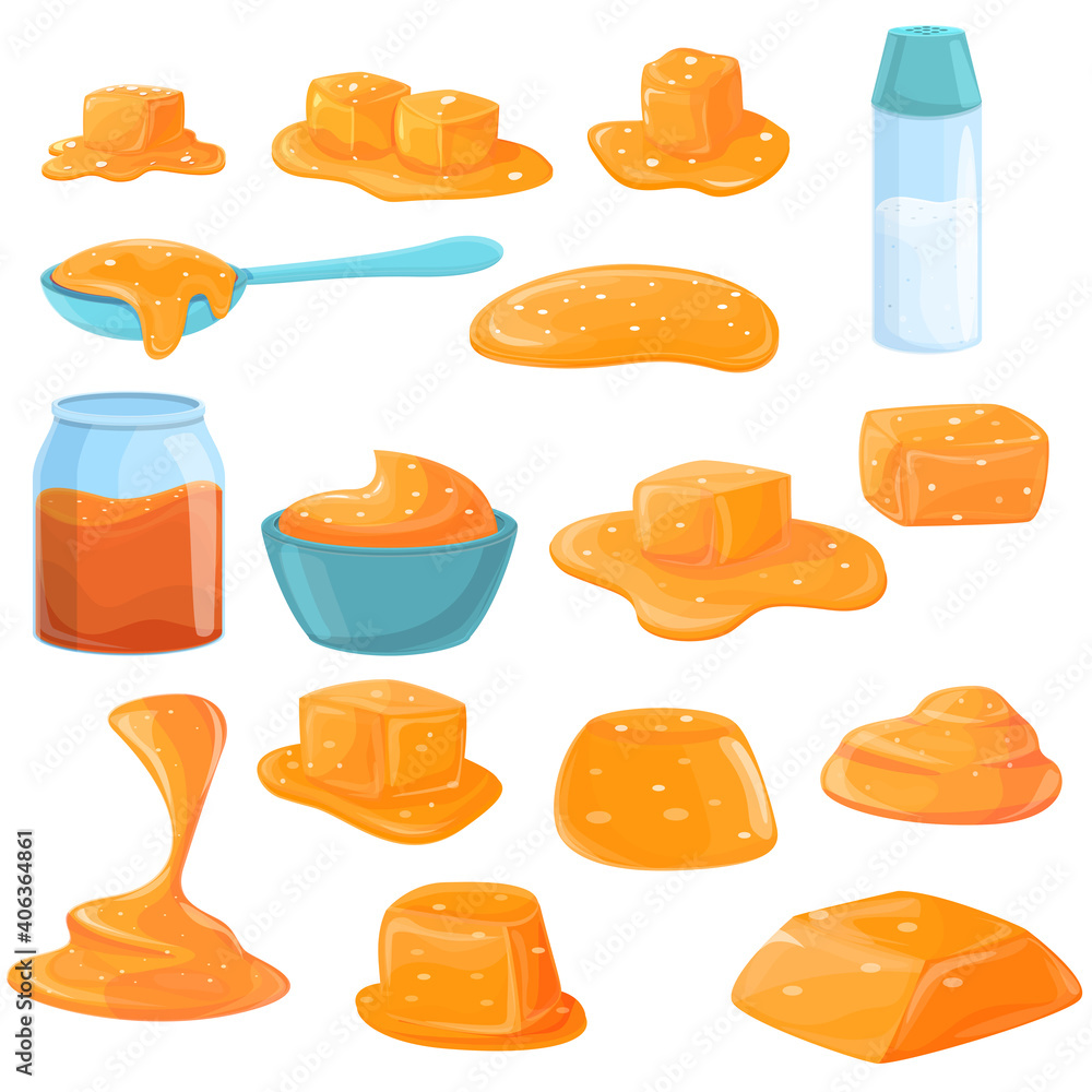 Salted caramel icons set. Cartoon set of salted caramel vector icons ...