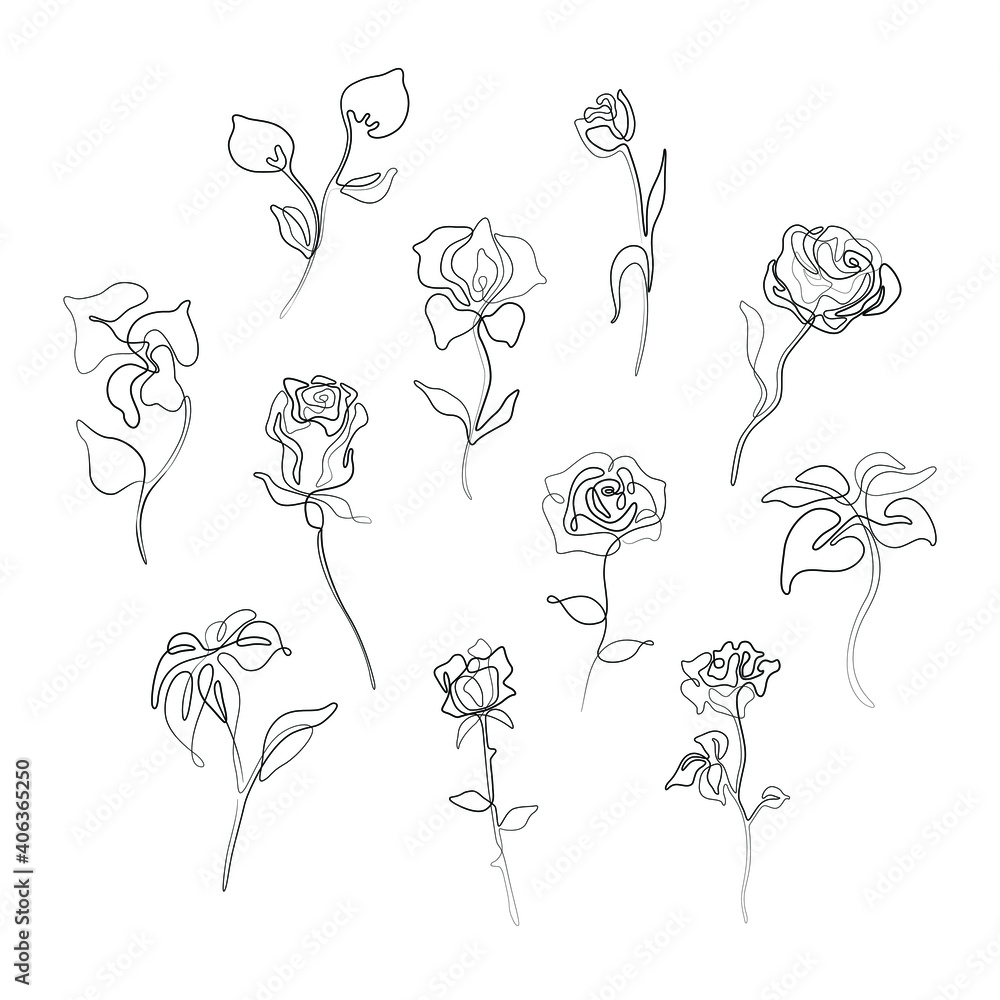 Flowers set, rose, continuous line drawing, tattoo, print for clothes ...