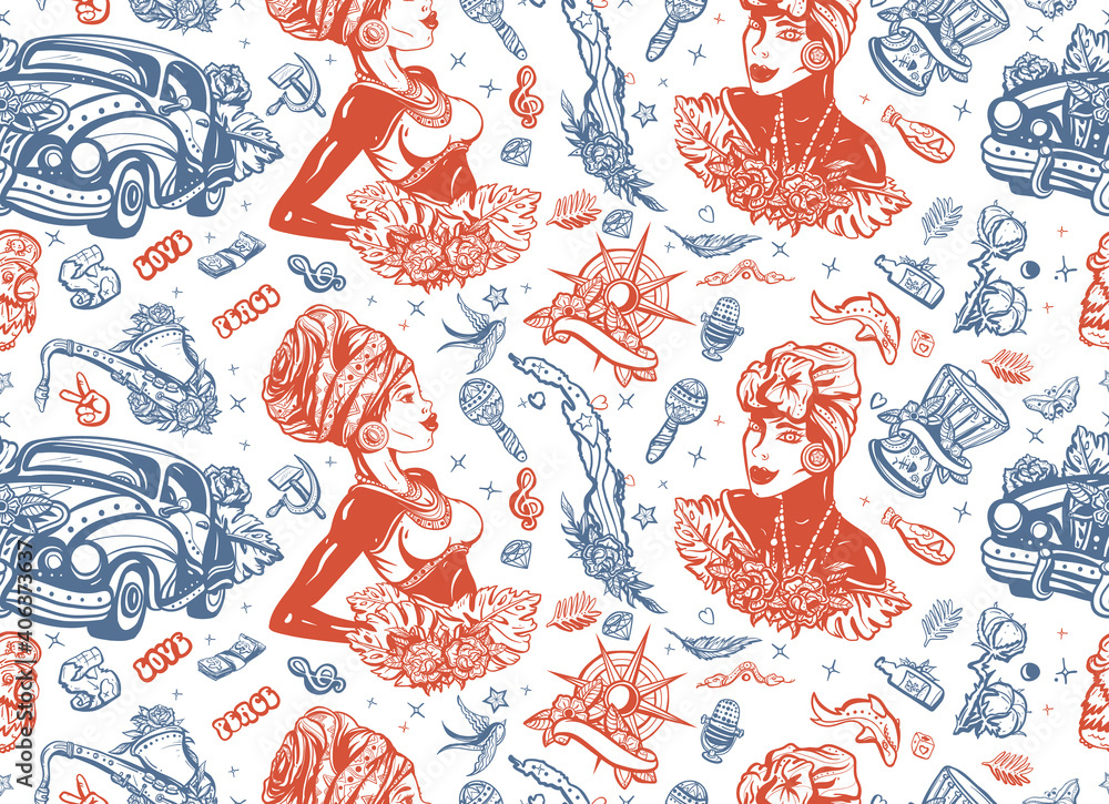 Cuba seamless pattern. Havana retro cars. Map, beautiful cuban woman ...