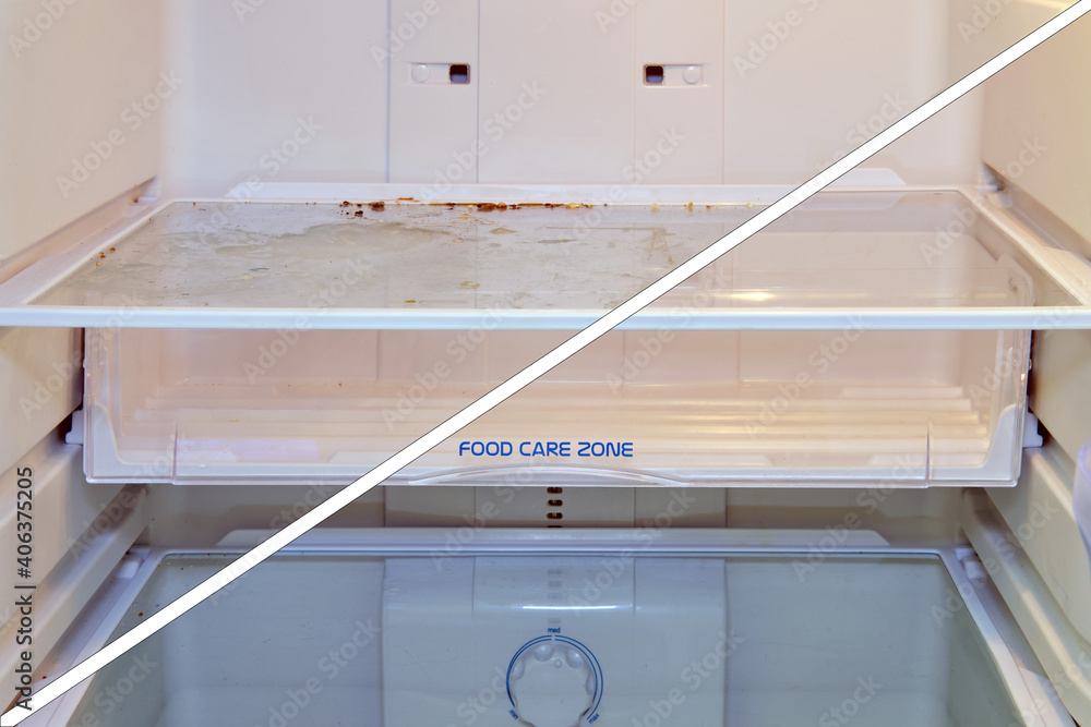 Dirty refrigerator in the kitchen before and after washing. Clean ...