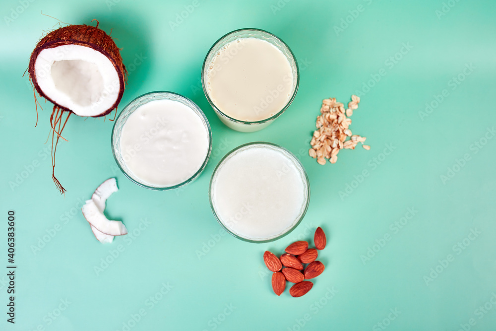 Various vegan plant based milk and ingredients, non-dairy milk ...