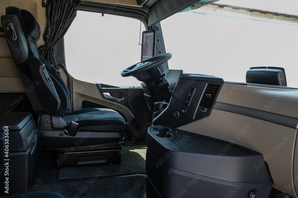 New Mercedes Actros truck dashboard with digital display. Interior of ...