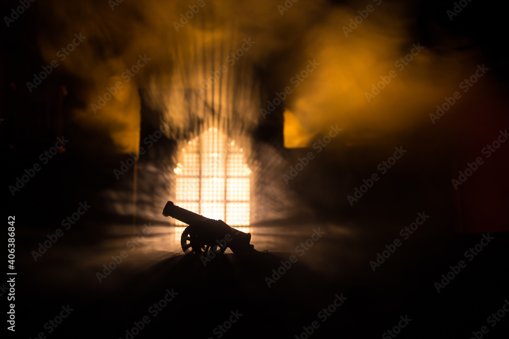 Medieval battle scene with cavalry and infantry. Silhouettes of figures ...